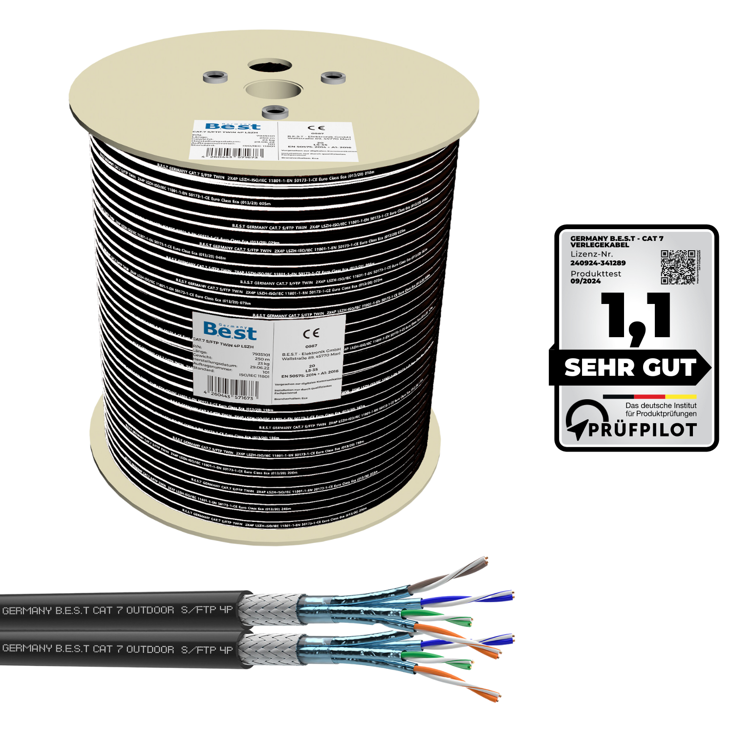 CAT 7 Outdoor Verlegekabel 250m Duplex Gigabit Netzwerkkabel KUPFER – B ...